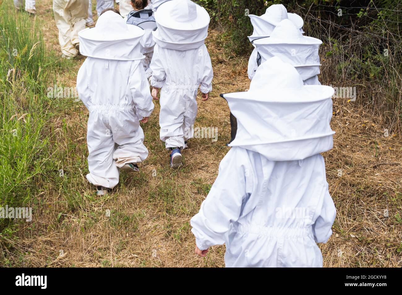 Back view of group of unrecognizable children in protective costumes ...
