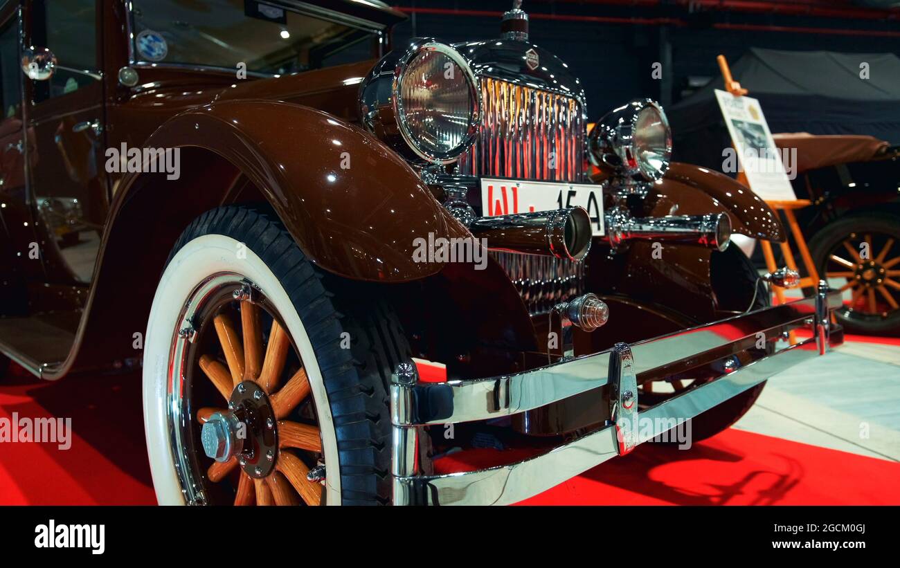 Front view of exclusive retro car of brown color. Warsaw, Poland - July ...