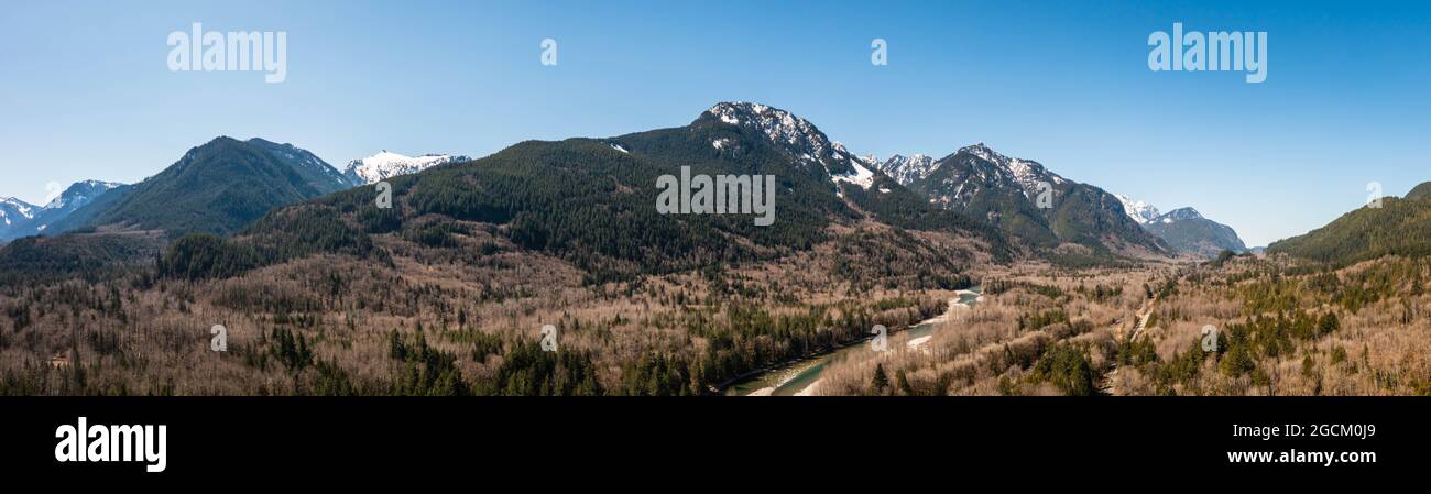 Aerial panorama image by drone of the Cascade mountains in Washington ...