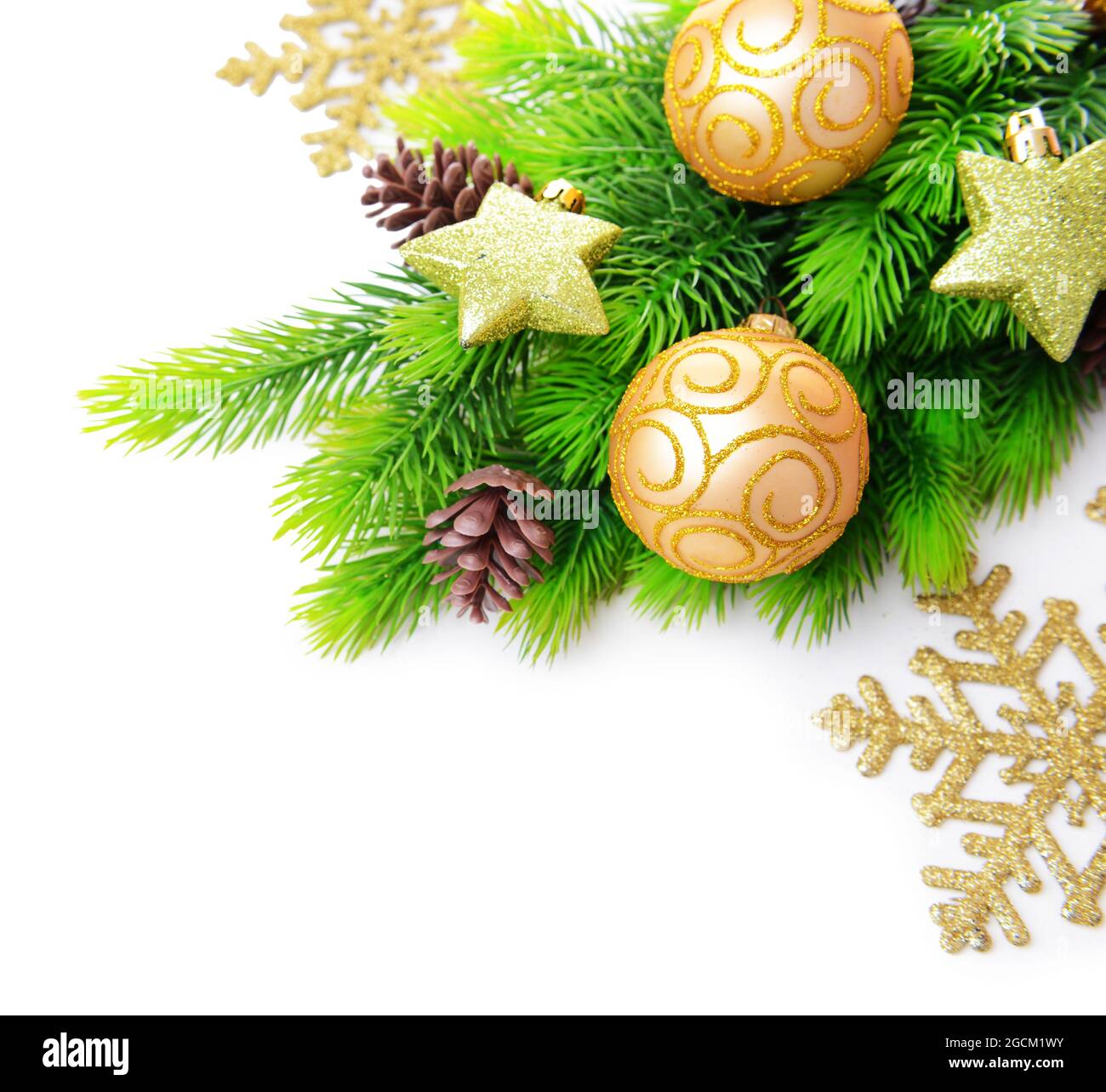Christmas balls and decorative stars on fir tree, isolated on white ...