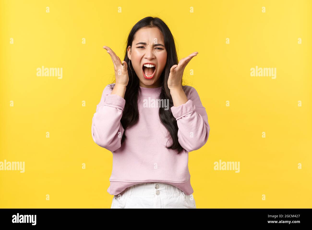 Lifestyle, emotions and advertisement concept. Angry distressed asian ...