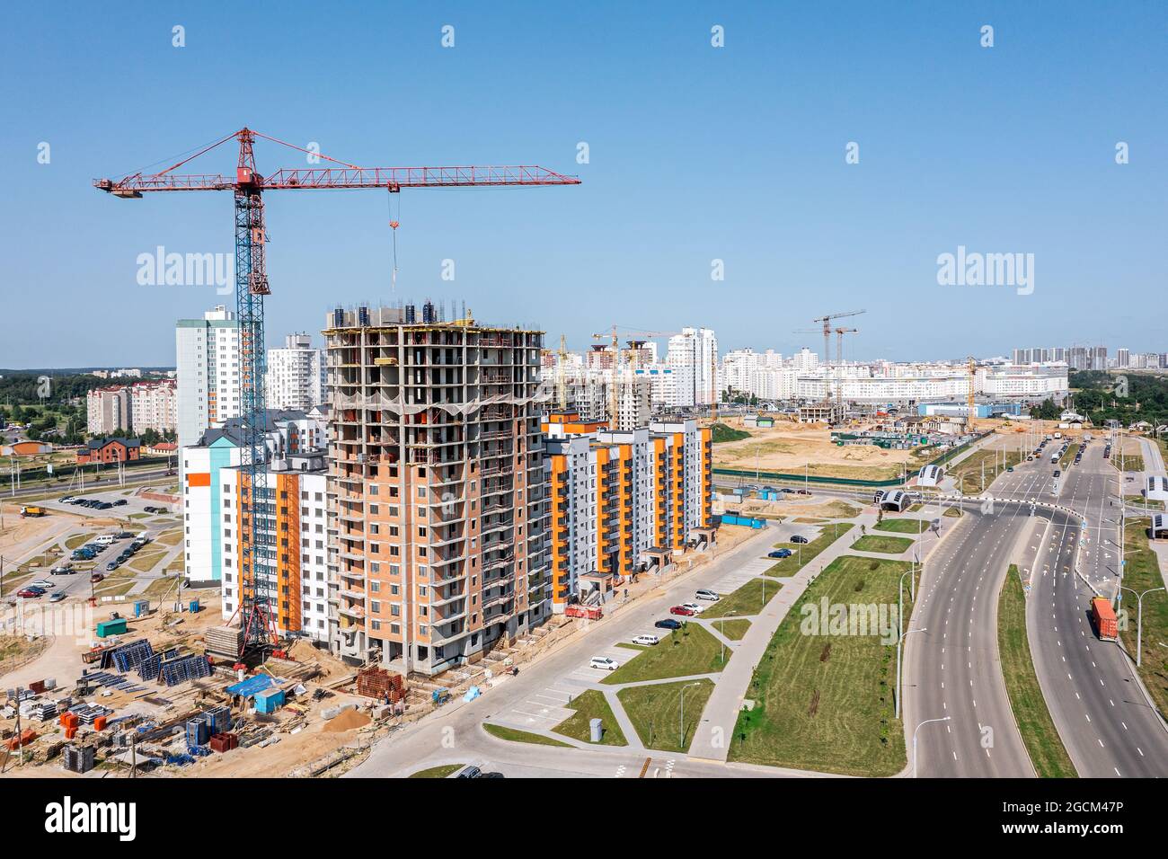 aerial view of new high-rise apartment building under construction ...
