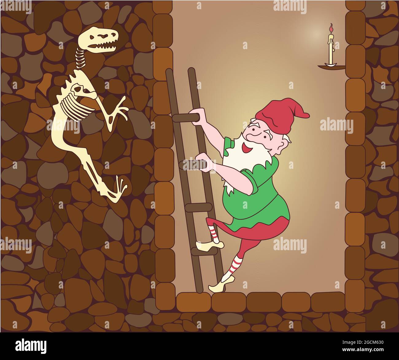 Funny cute mythological gnome climbs up from their cave by ladder ...