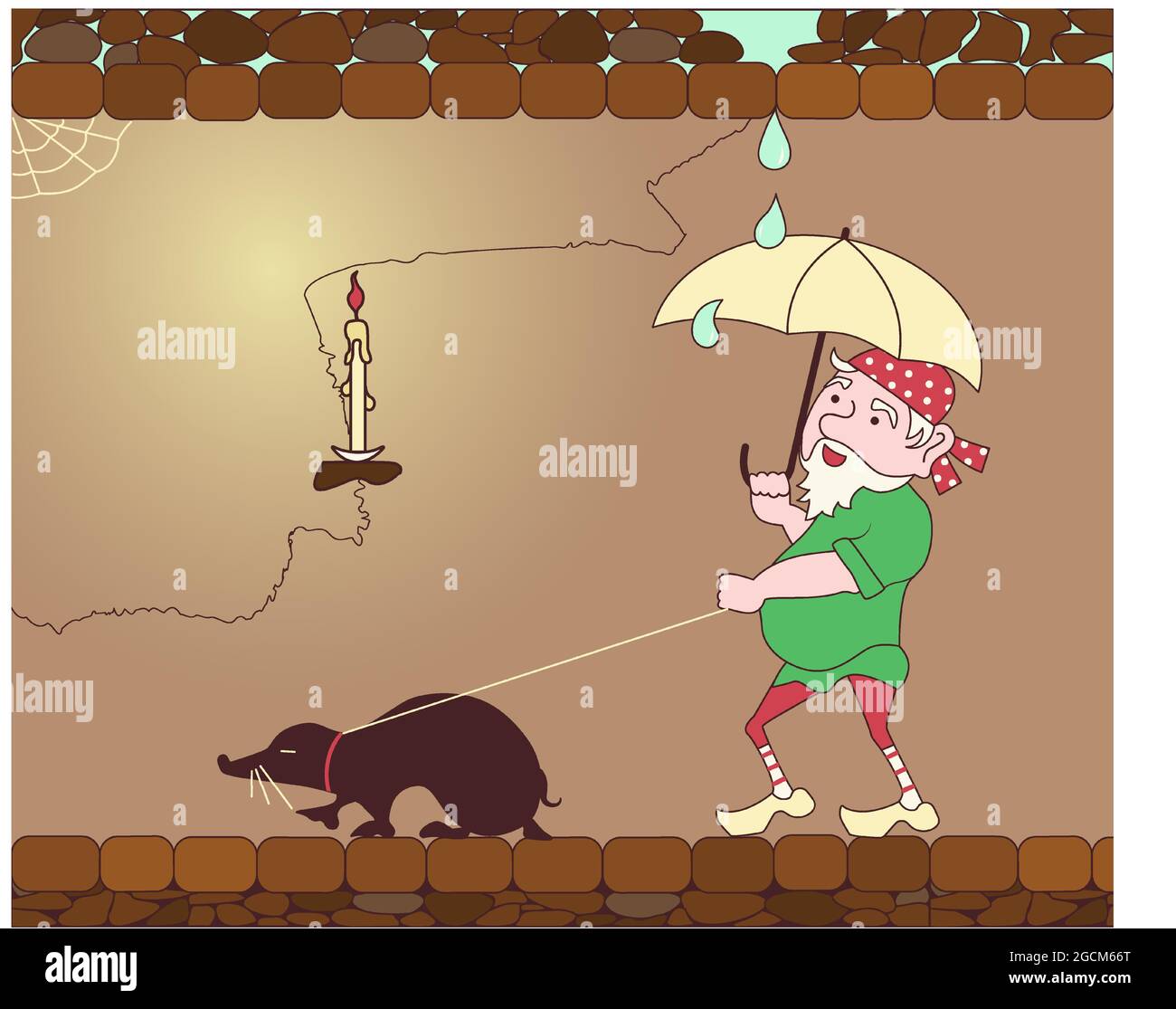 Funny cute mythological gnome walking his pet mole isolated on white ...