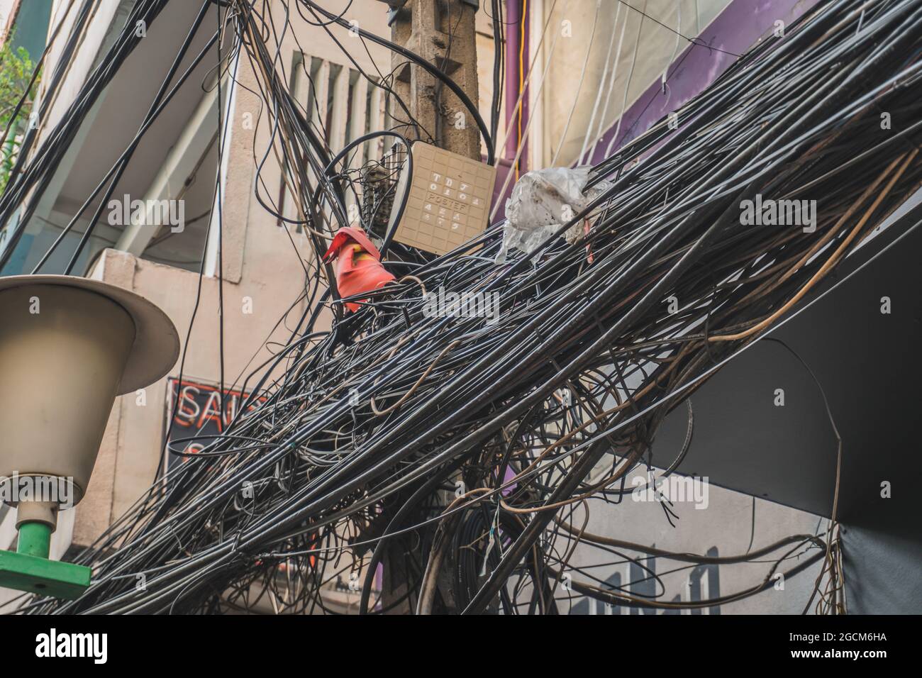 Power lines electric cables in the city streets of Hanoi, Vietnam. Asia ...