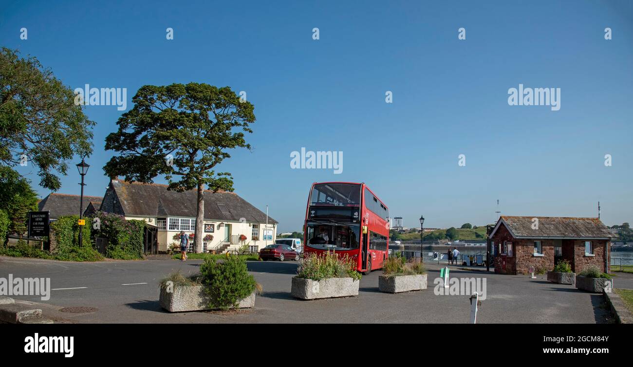 Cremyll, Cornwall, England, UK. 2021. A red double decker bus waiting ...