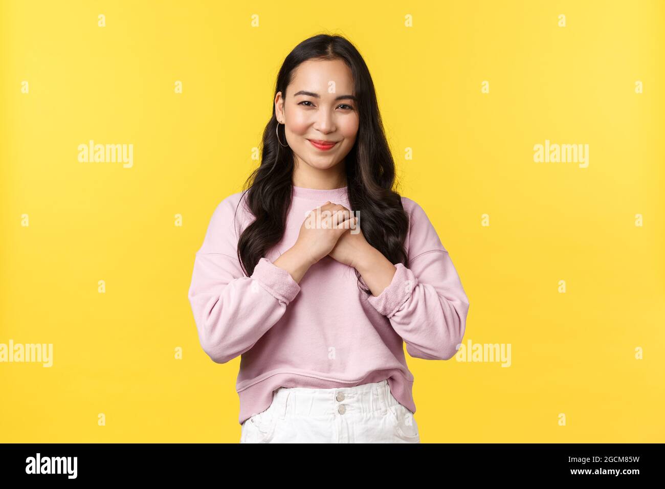 People emotions, lifestyle and fashion concept. Touched lovely korean ...