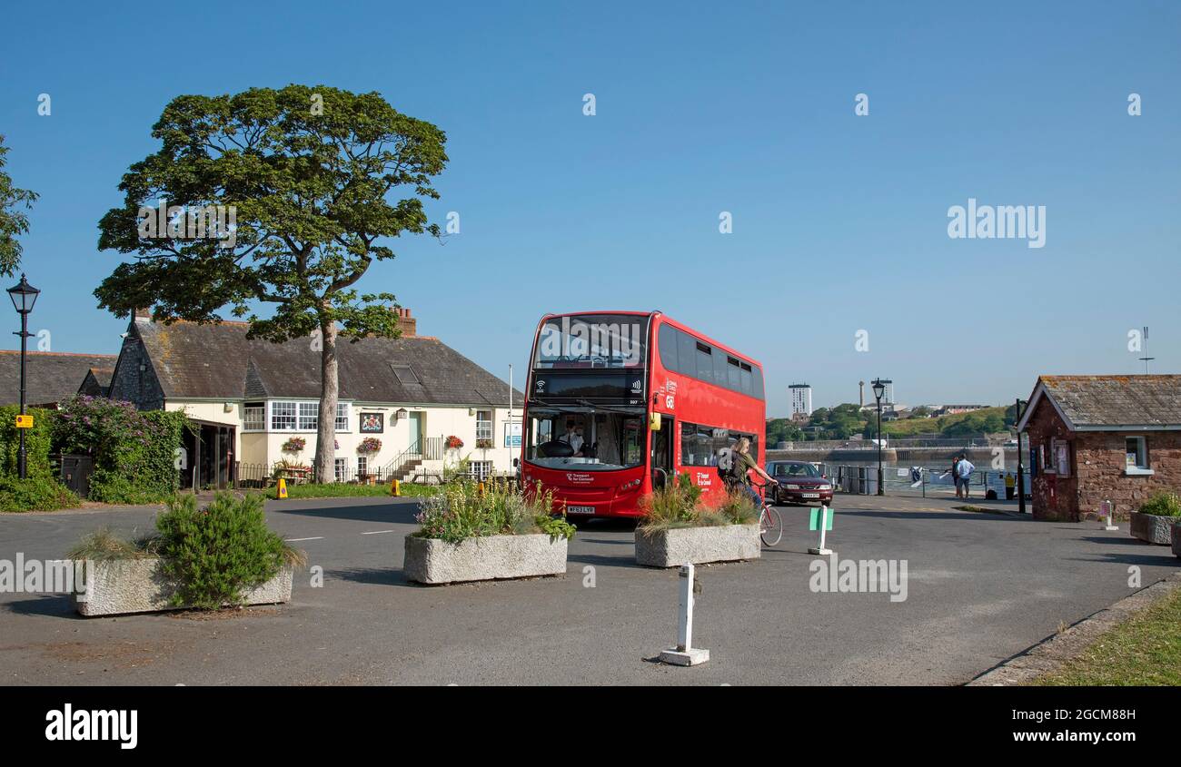 Cremyll, Cornwall, England, UK. 2021. A red double decker bus waiting ...