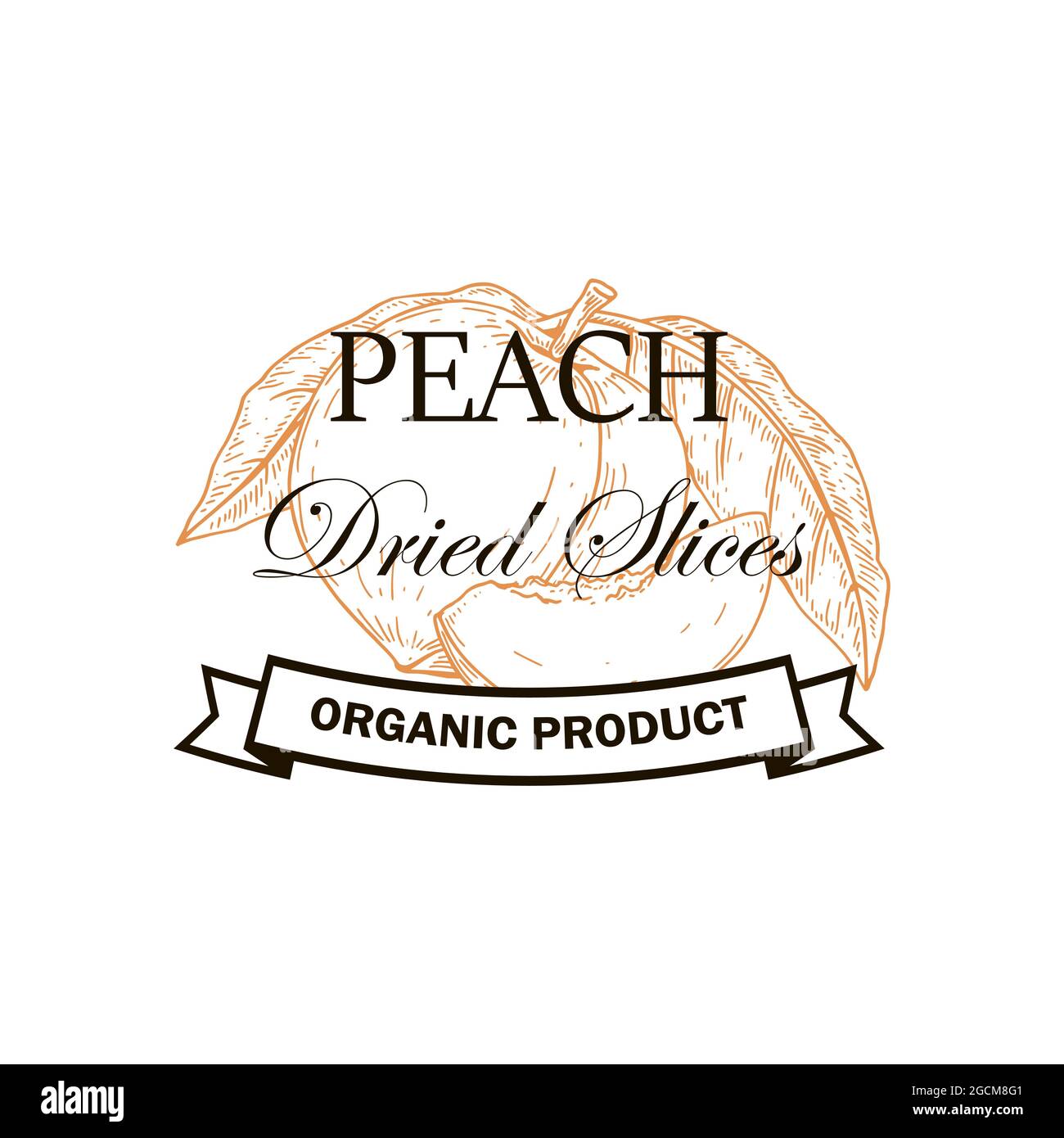 Hand drawn peach product logo. Vector illustration in sketch style ...