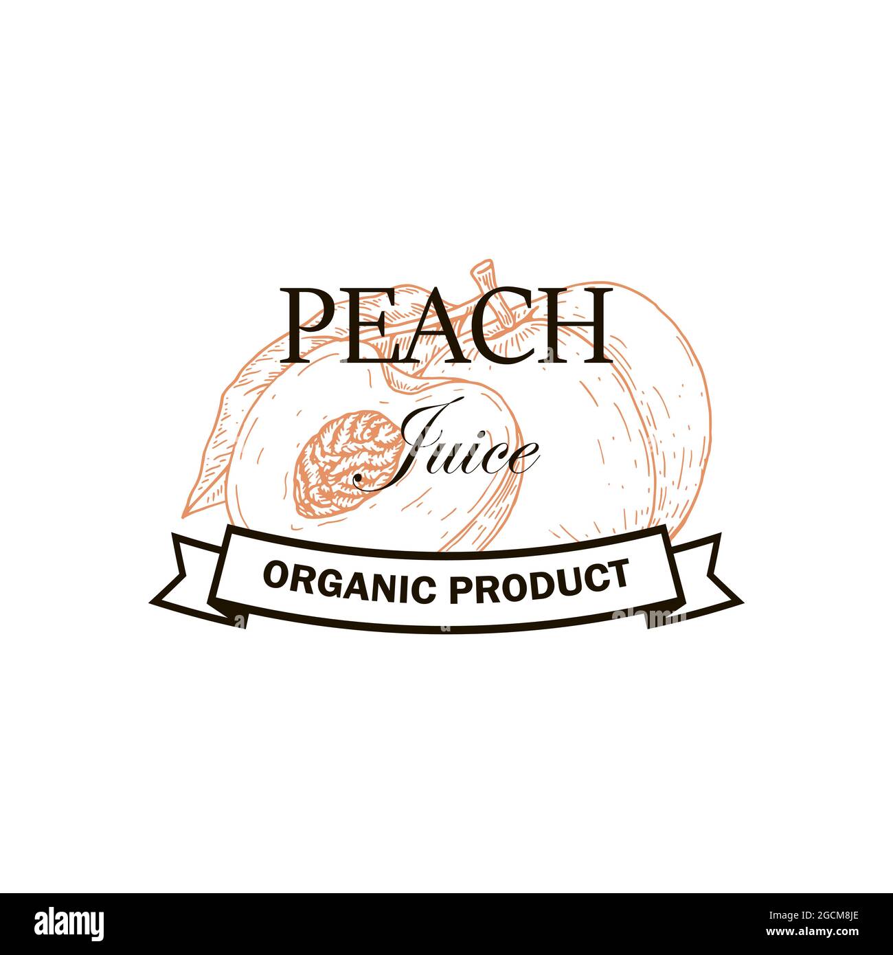 Hand drawn peach product logo. Vector illustration in sketch style ...