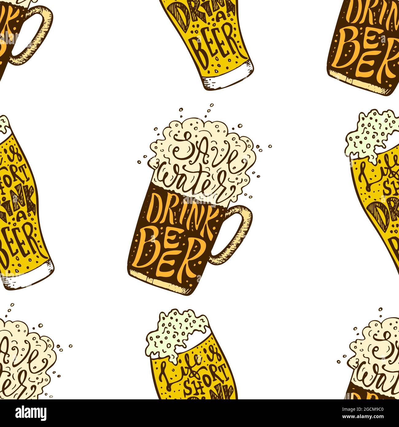 Drink Beer hand drawn lettering seamless pattern. Octoberfest Beer ...