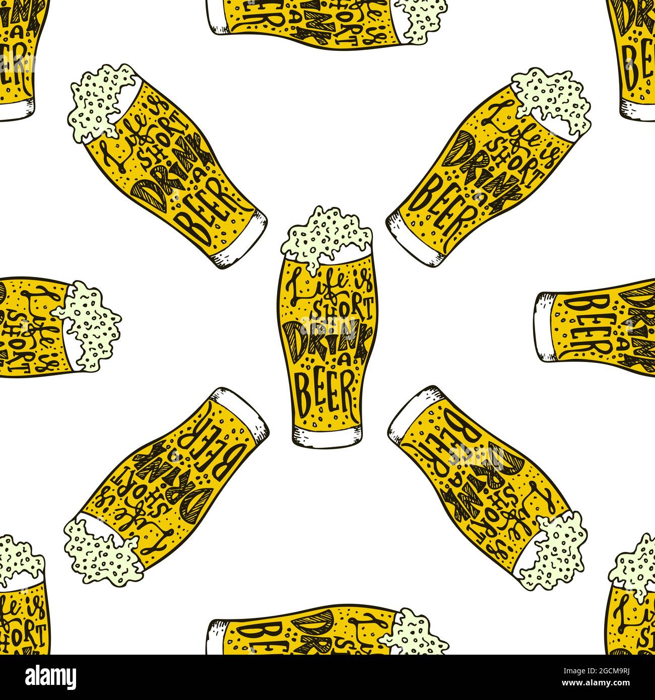 Drink Beer hand drawn lettering seamless pattern. Octoberfest Beer ...