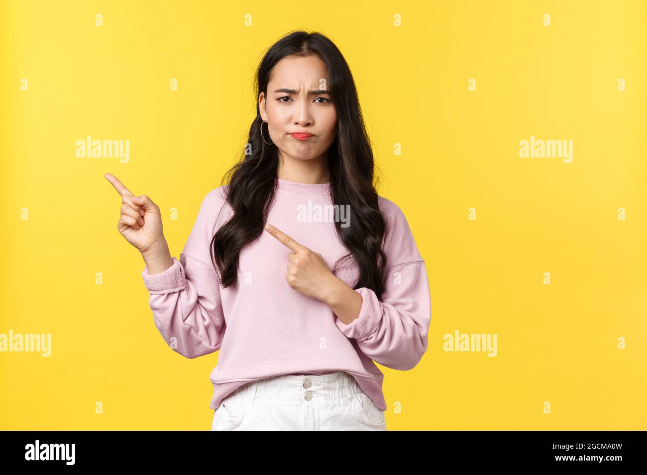 People emotions, lifestyle concept. Doubtful and indecisive cute asian ...