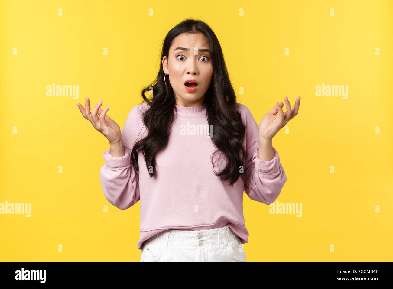 People emotions, lifestyle and fashion concept. Shocked asian woman in ...