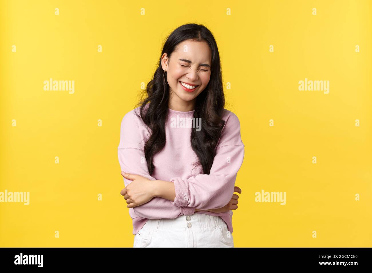 People emotions, lifestyle and fashion concept. Happy carefree smiling ...