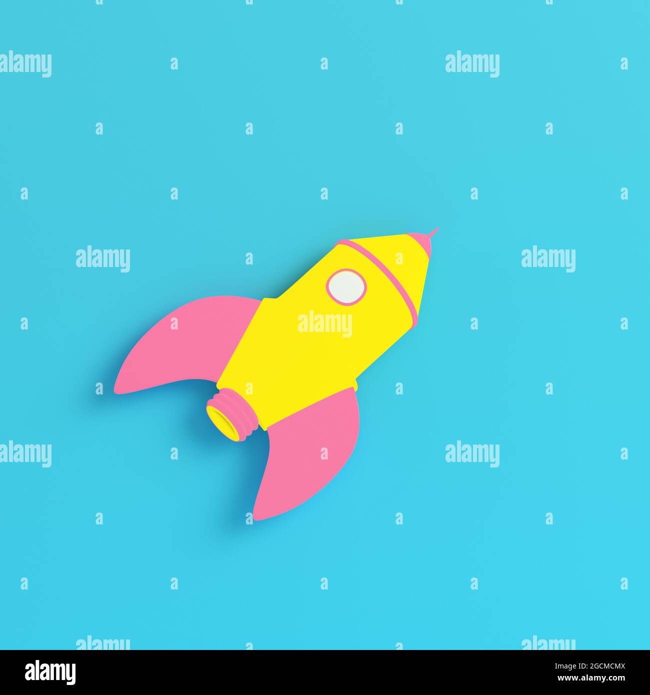Yellow cartoon styled rocket on bright blue background in pastel colors ...