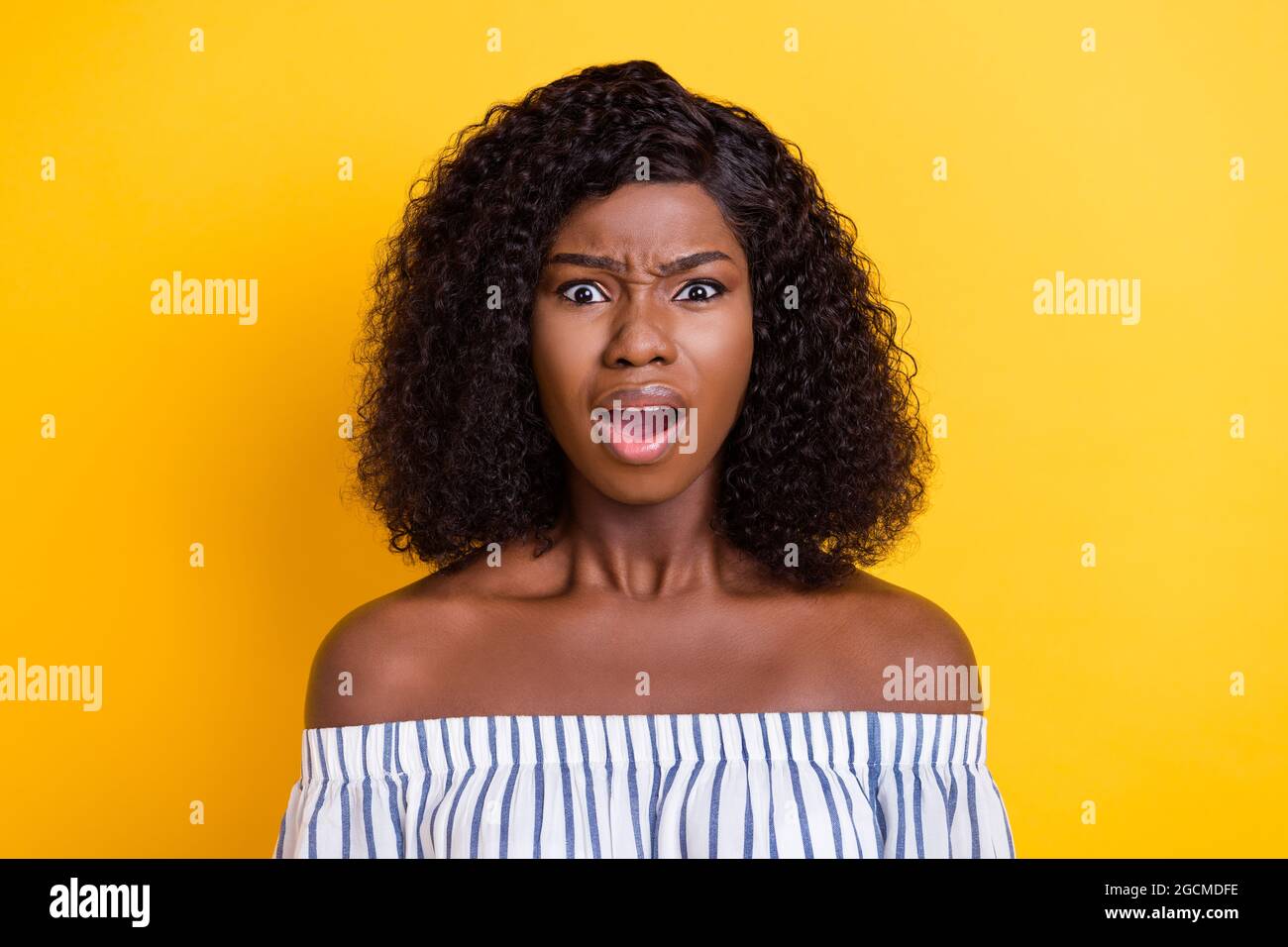 Close-up portrait of attractive outraged girl bad news reaction dislike ...