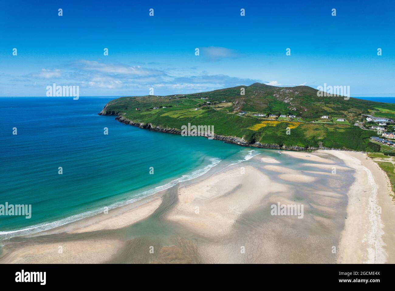 Aerial view of Barleycove beach, a gently curving golden beach formed ...