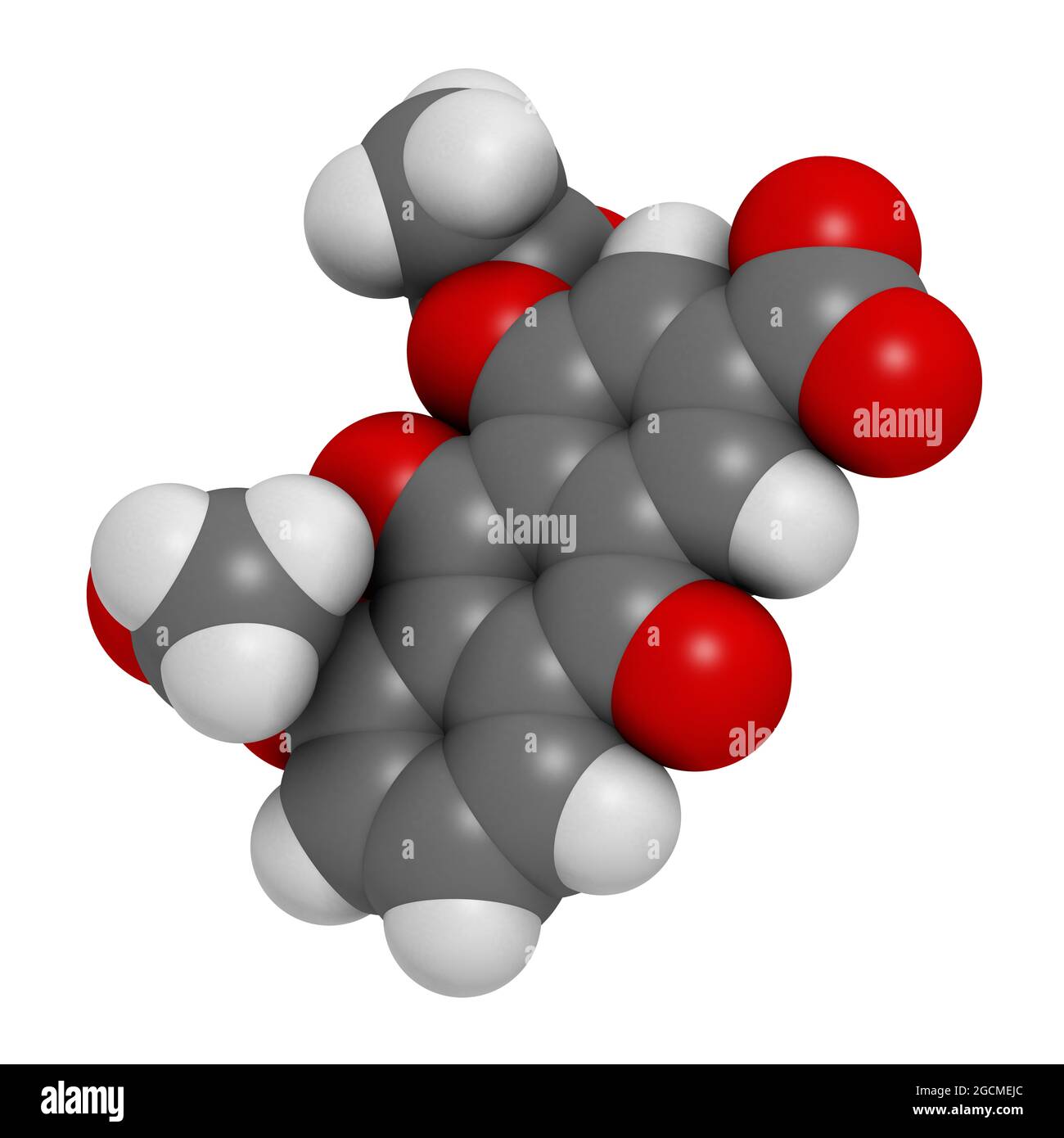 Diacerein drug molecule. 3D rendering. Atoms are represented as Stock ...