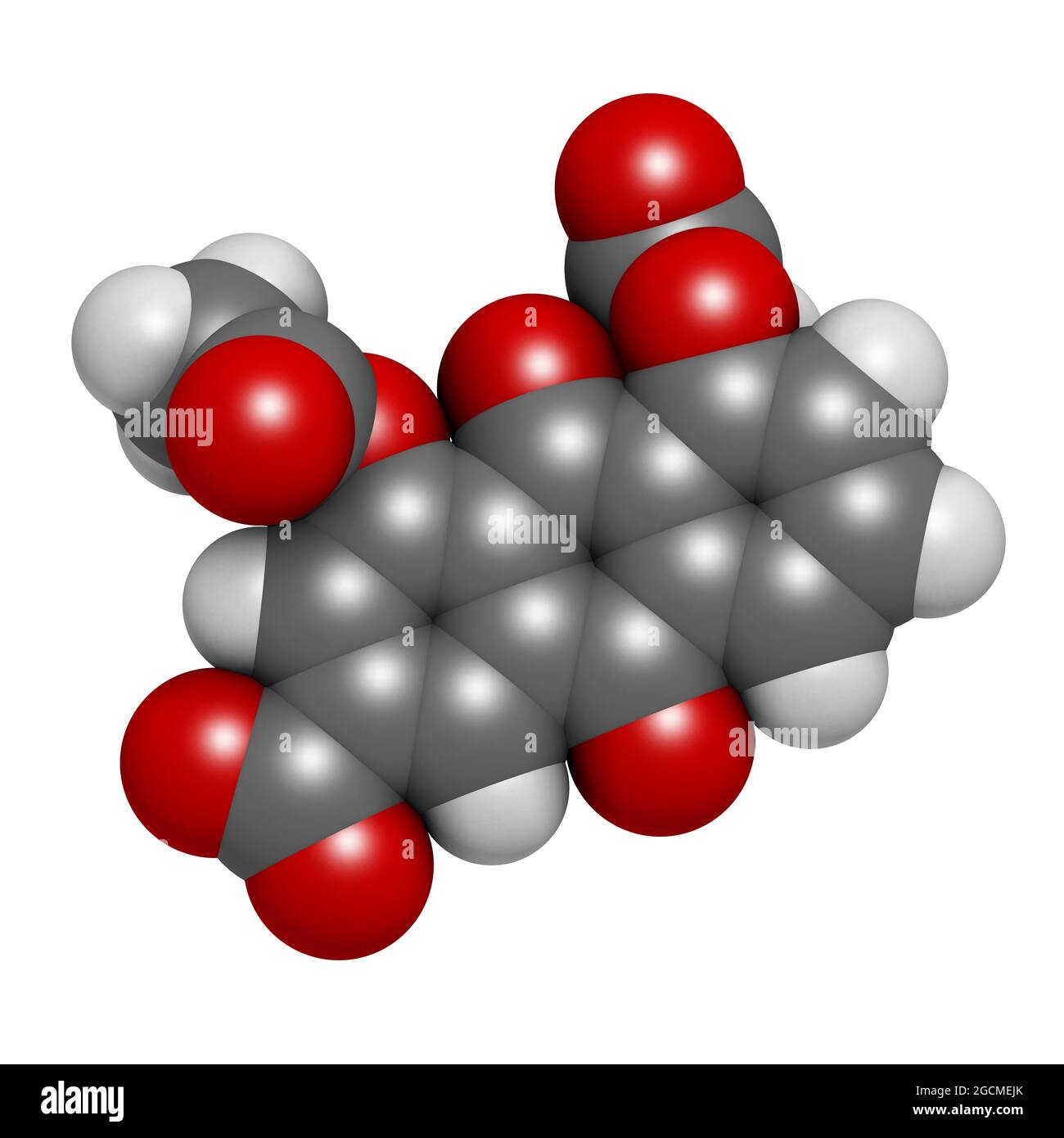 Diacerein drug molecule. 3D rendering. Atoms are represented as Stock ...