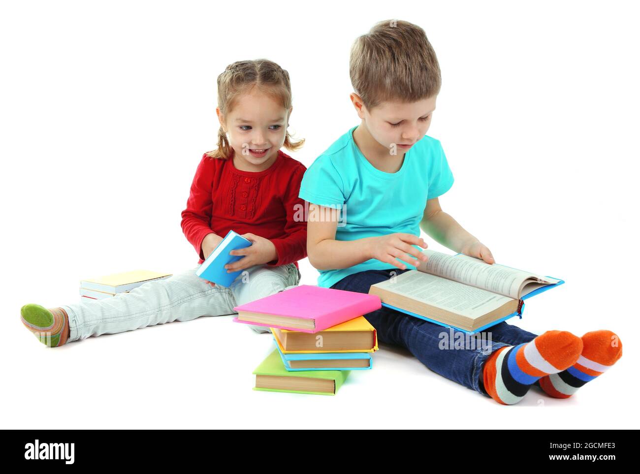 Little children with books isolated on white Stock Photo - Alamy