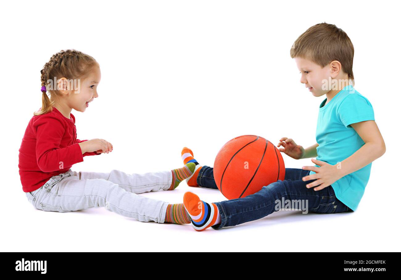 Little children playing with ball isolated on white Stock Photo - Alamy