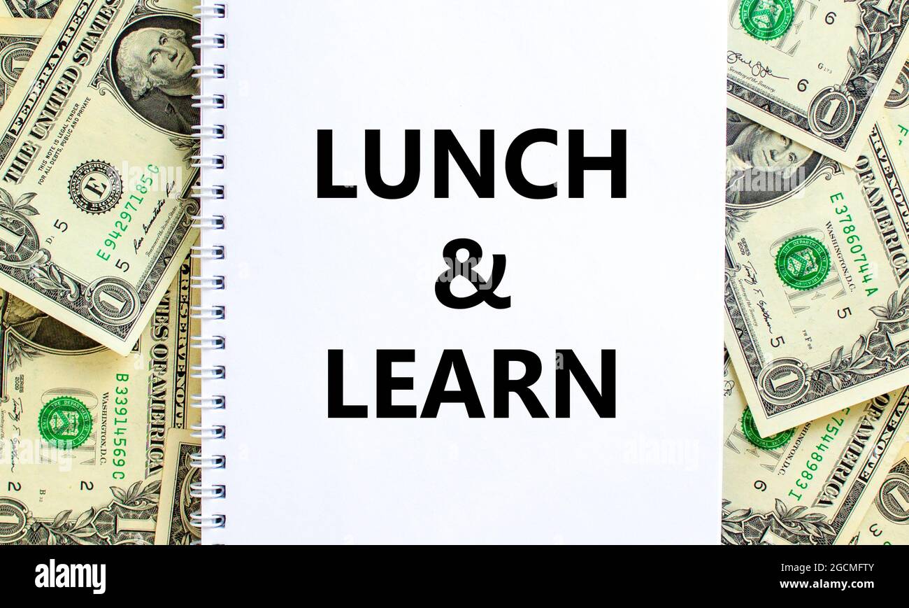 Lunch and learn symbol. Words 'Lunch and learn' on white note ...