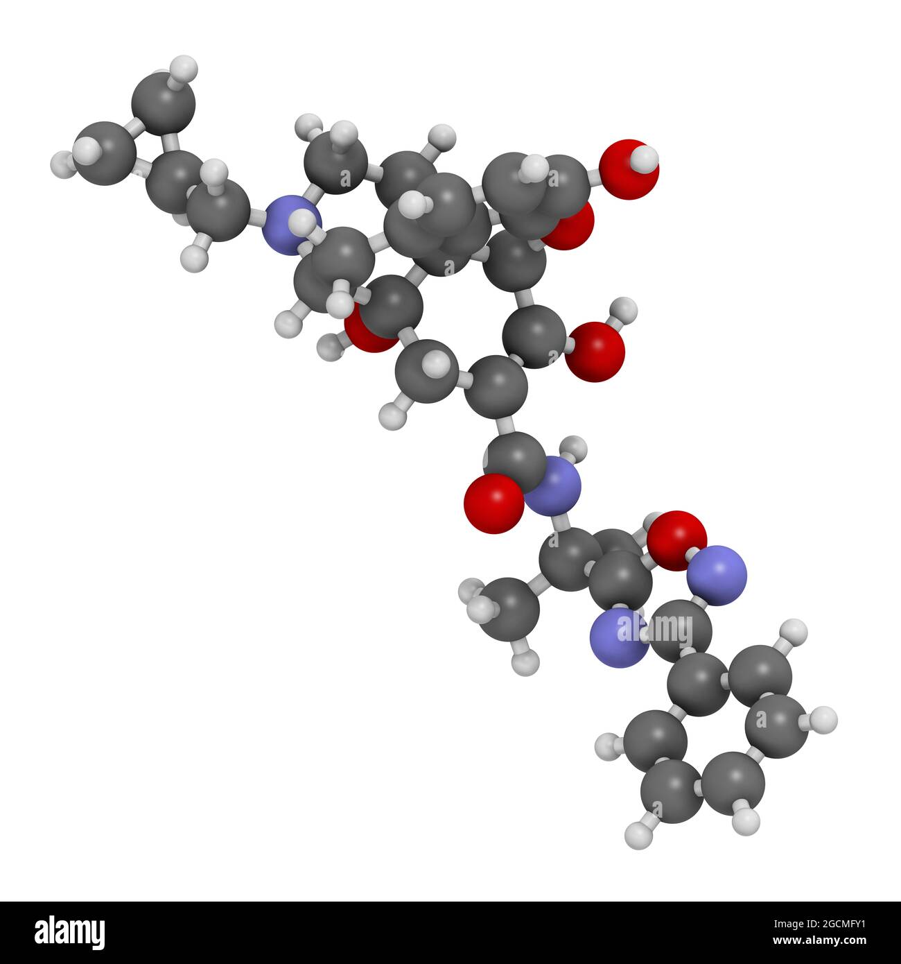 Naldemedine drug molecule. 3D rendering. Atoms are represented a Stock ...