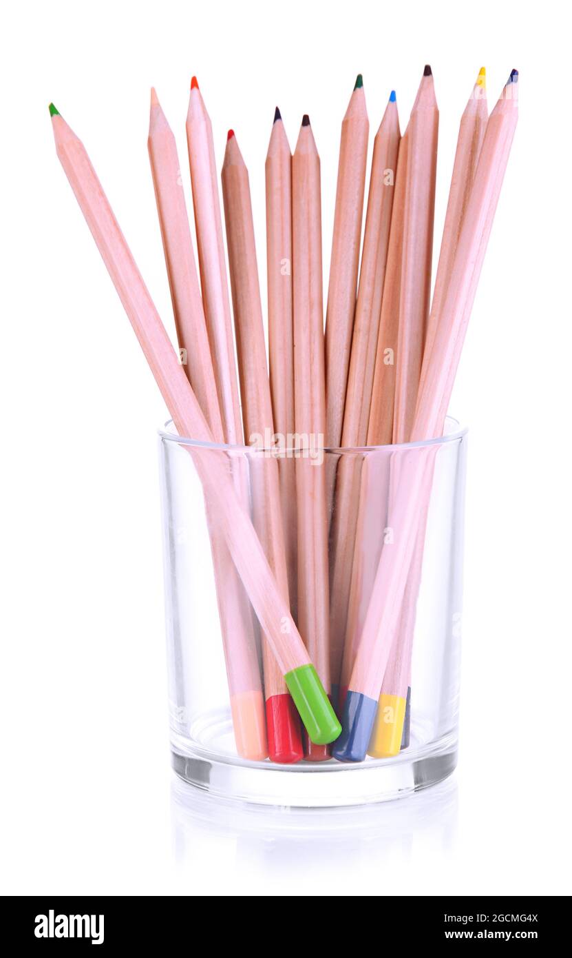 Colorful pencils in glass isolated on white Stock Photo - Alamy