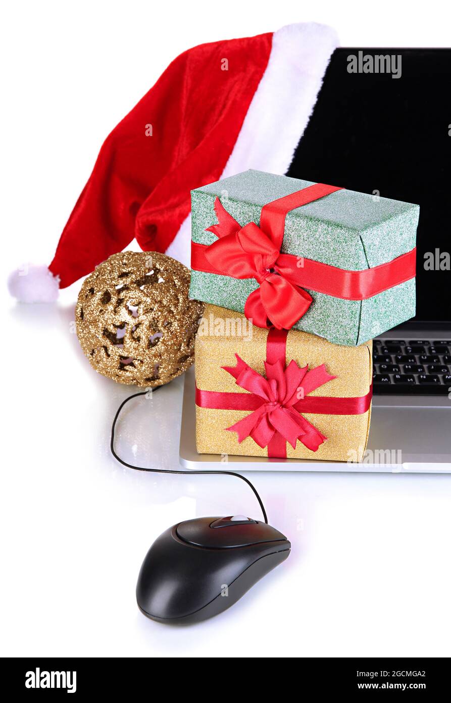 Laptop, gift and computer mouse isolated on white Stock Photo - Alamy