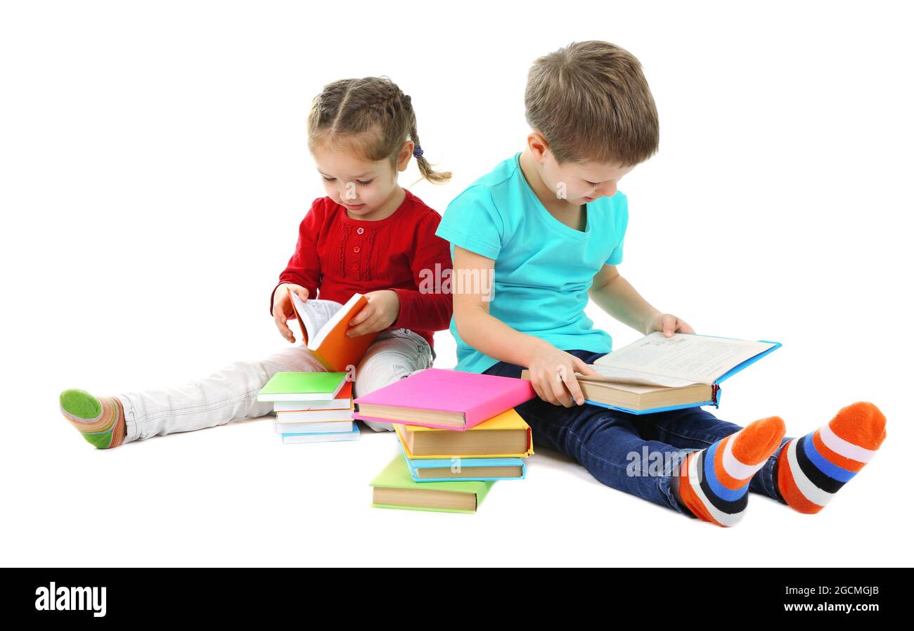 Little children with books isolated on white Stock Photo - Alamy