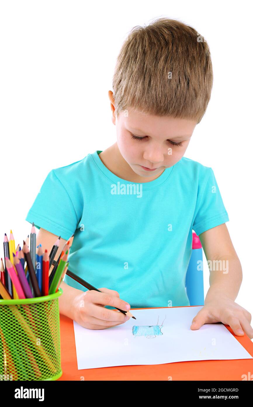 Little boy drawing isolated on white Stock Photo - Alamy