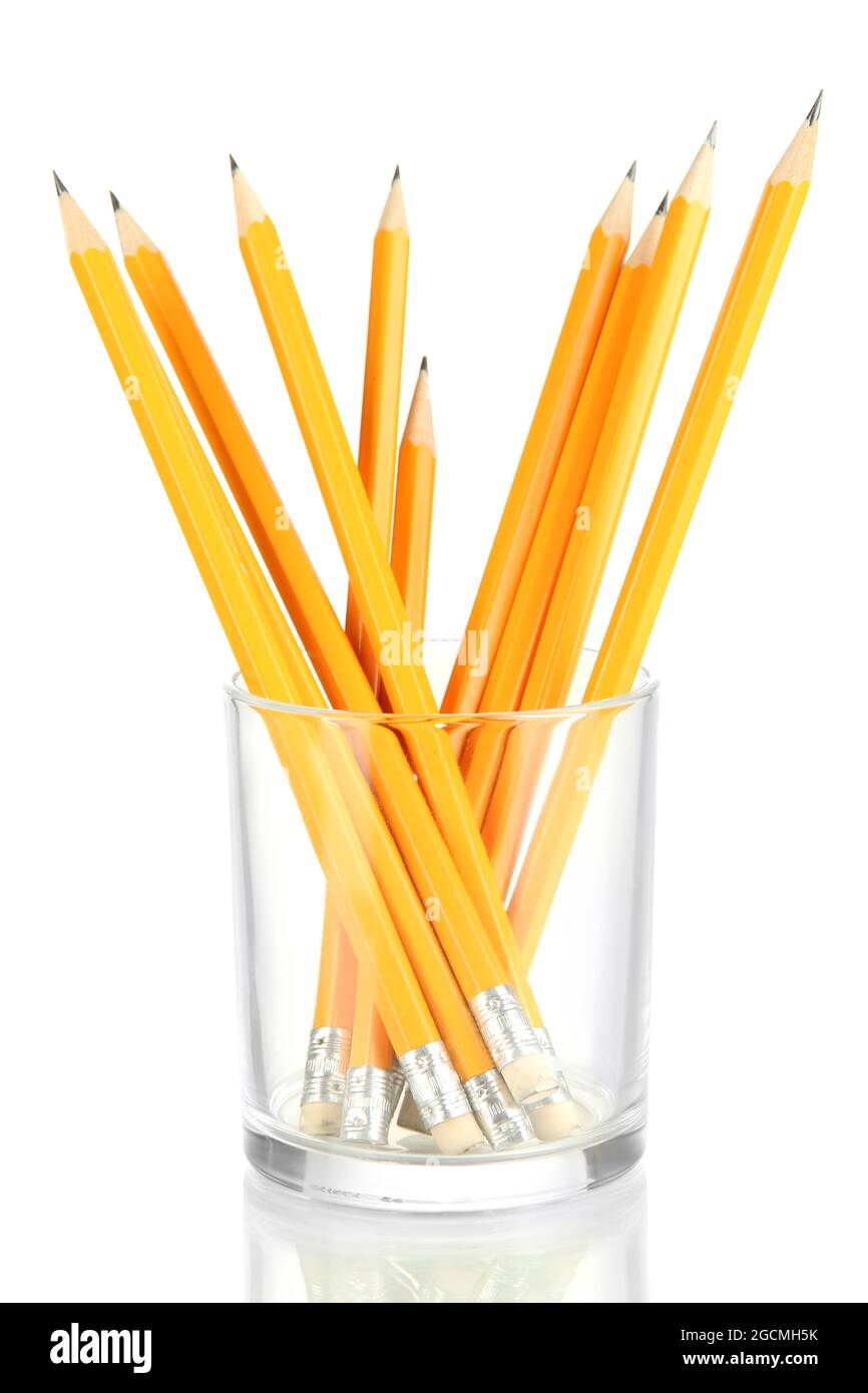 Pencils in glass isolated on white Stock Photo - Alamy