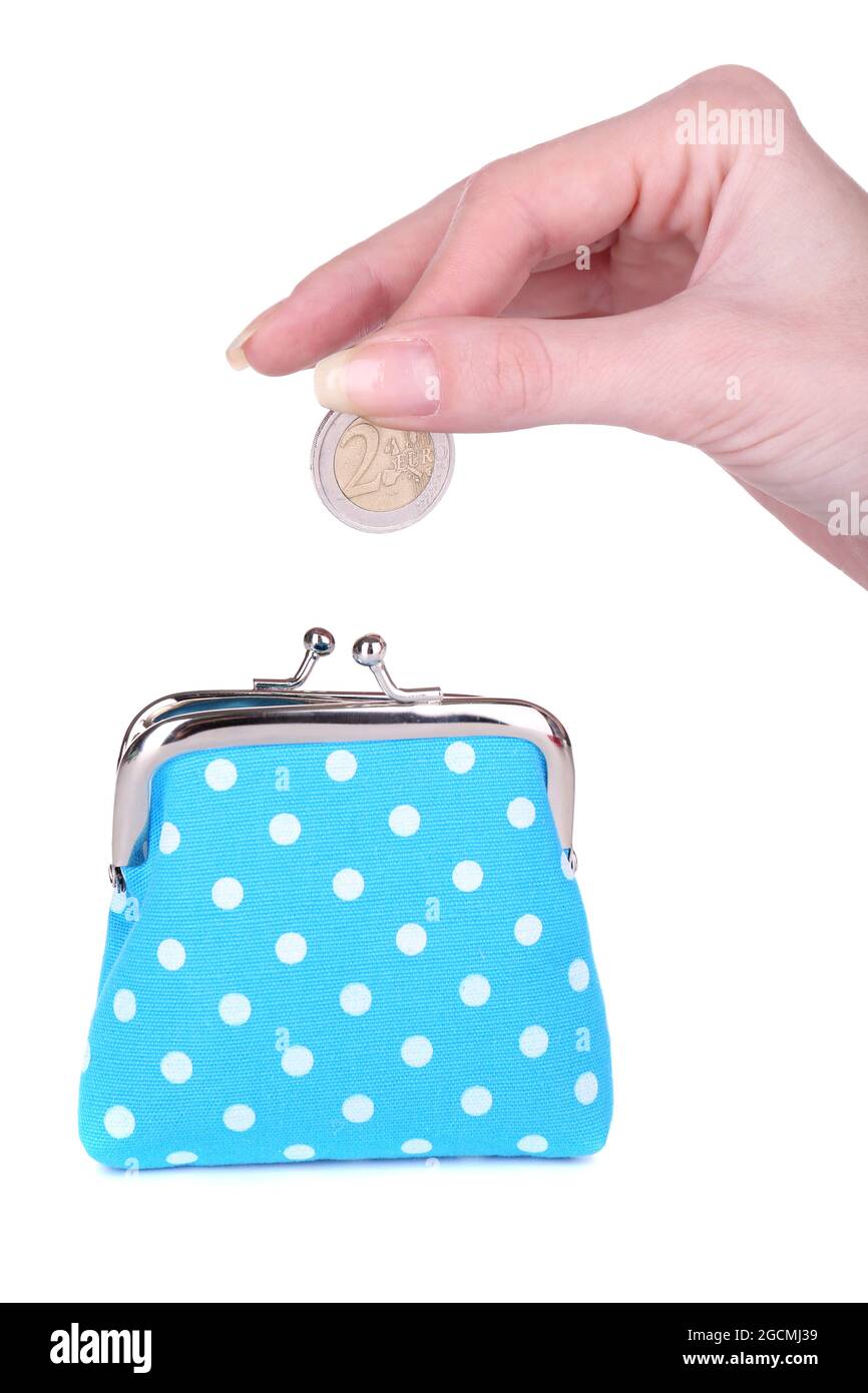 Blue purse and coin in female hand isolated on white Stock Photo - Alamy