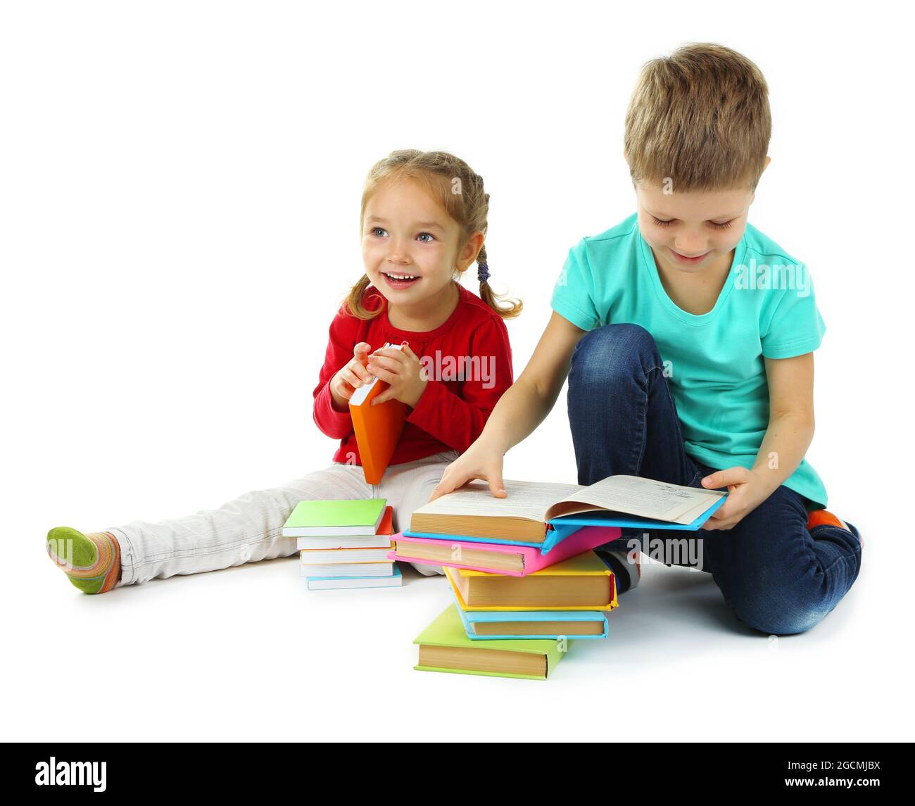 Little children with books isolated on white Stock Photo - Alamy