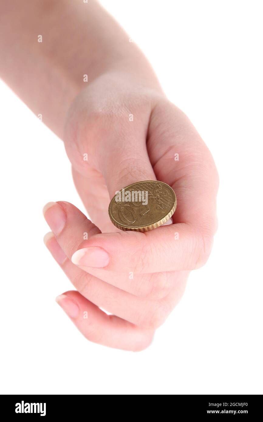 Hand of woman flipping coin isolated on white Stock Photo - Alamy