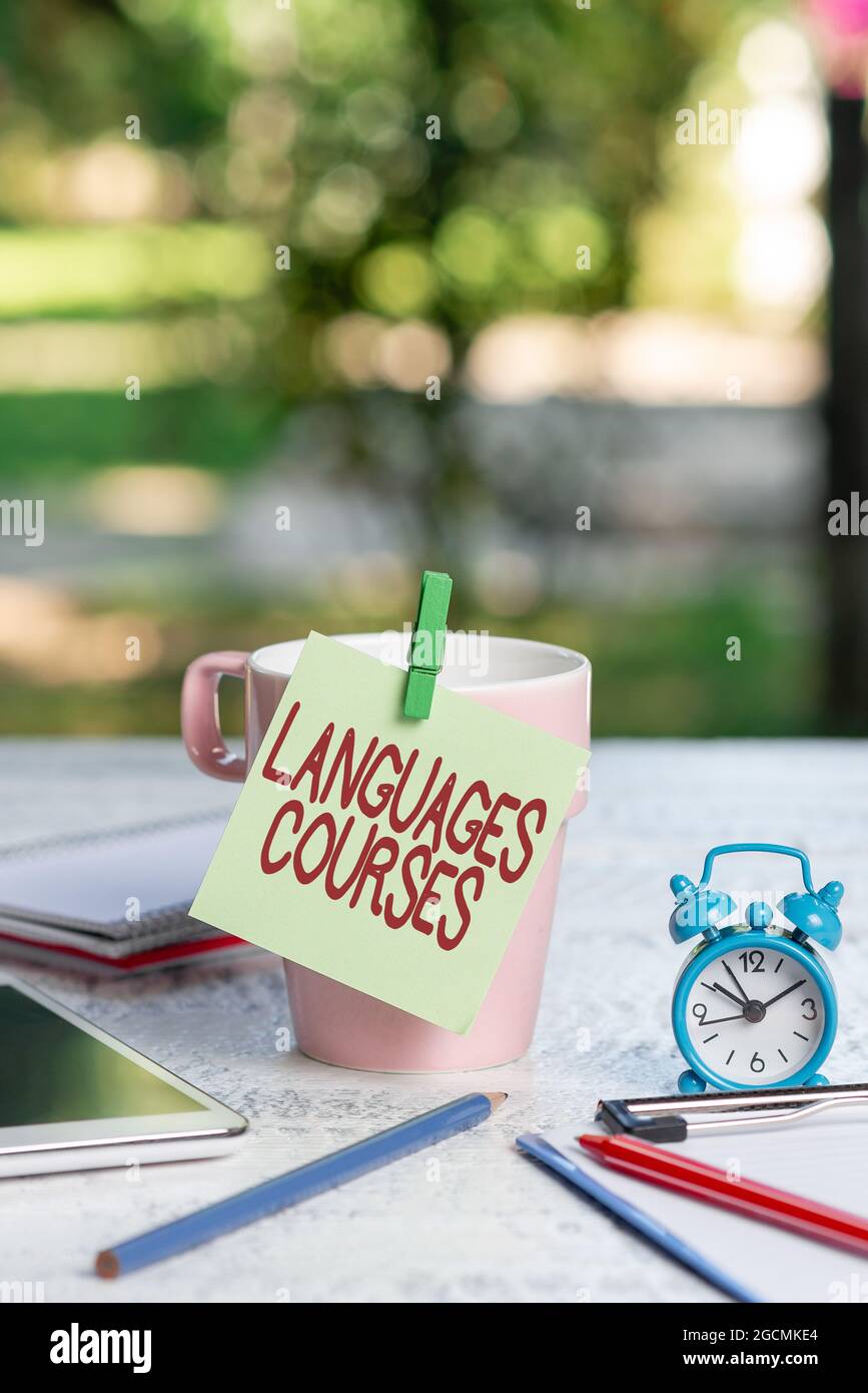 Text caption presenting Languages Courses. Business overview set of ...