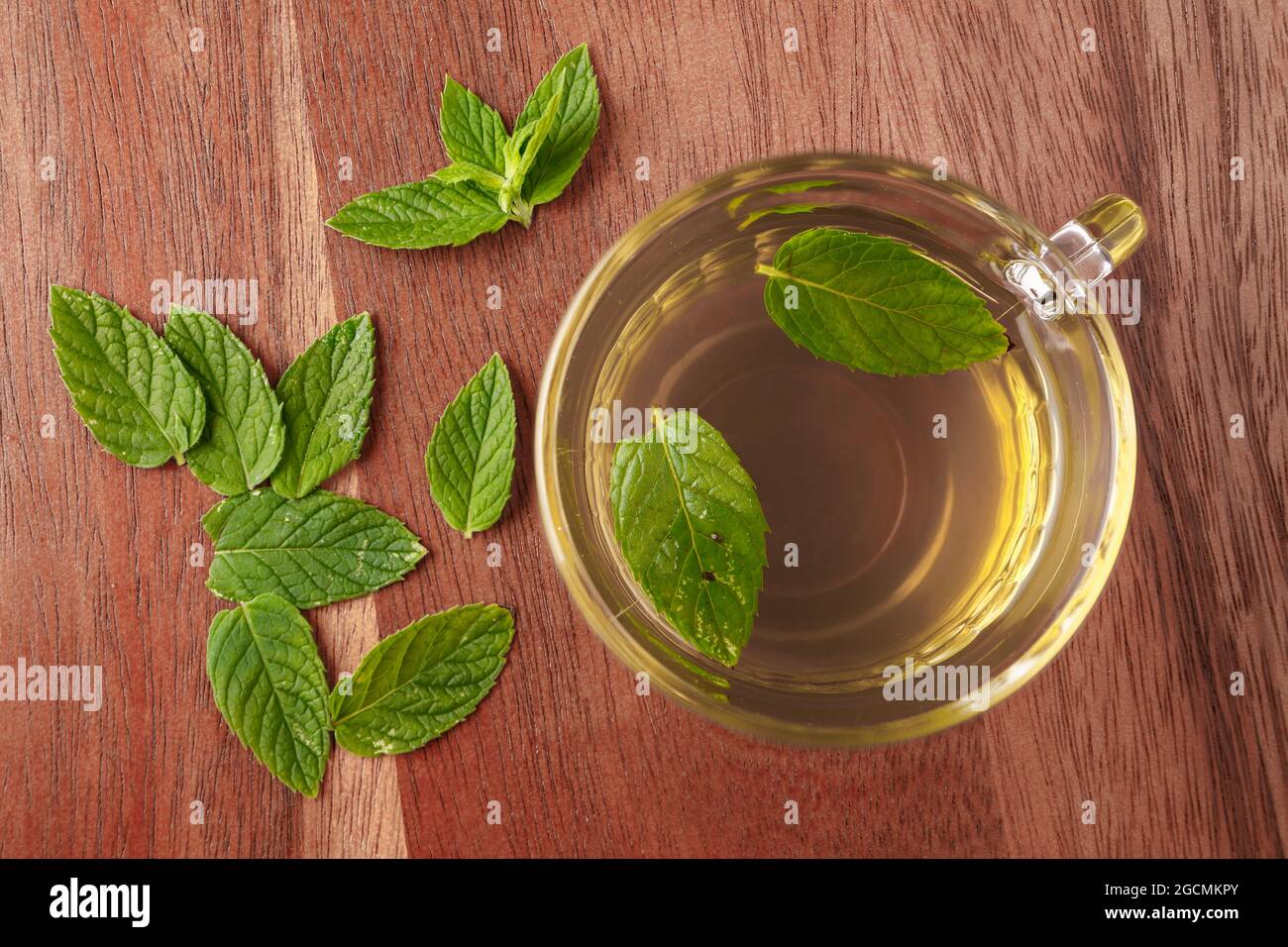 An overview of a glass mug of peppermint tea and fresh peppermint ...