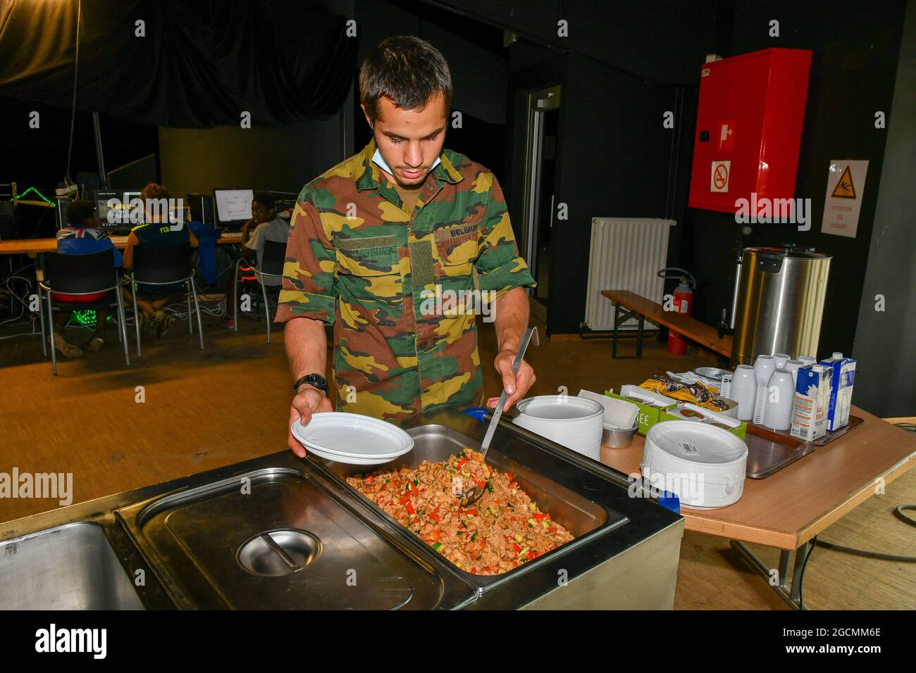 Illustration shows a meal being served by defence personnel, at a ...