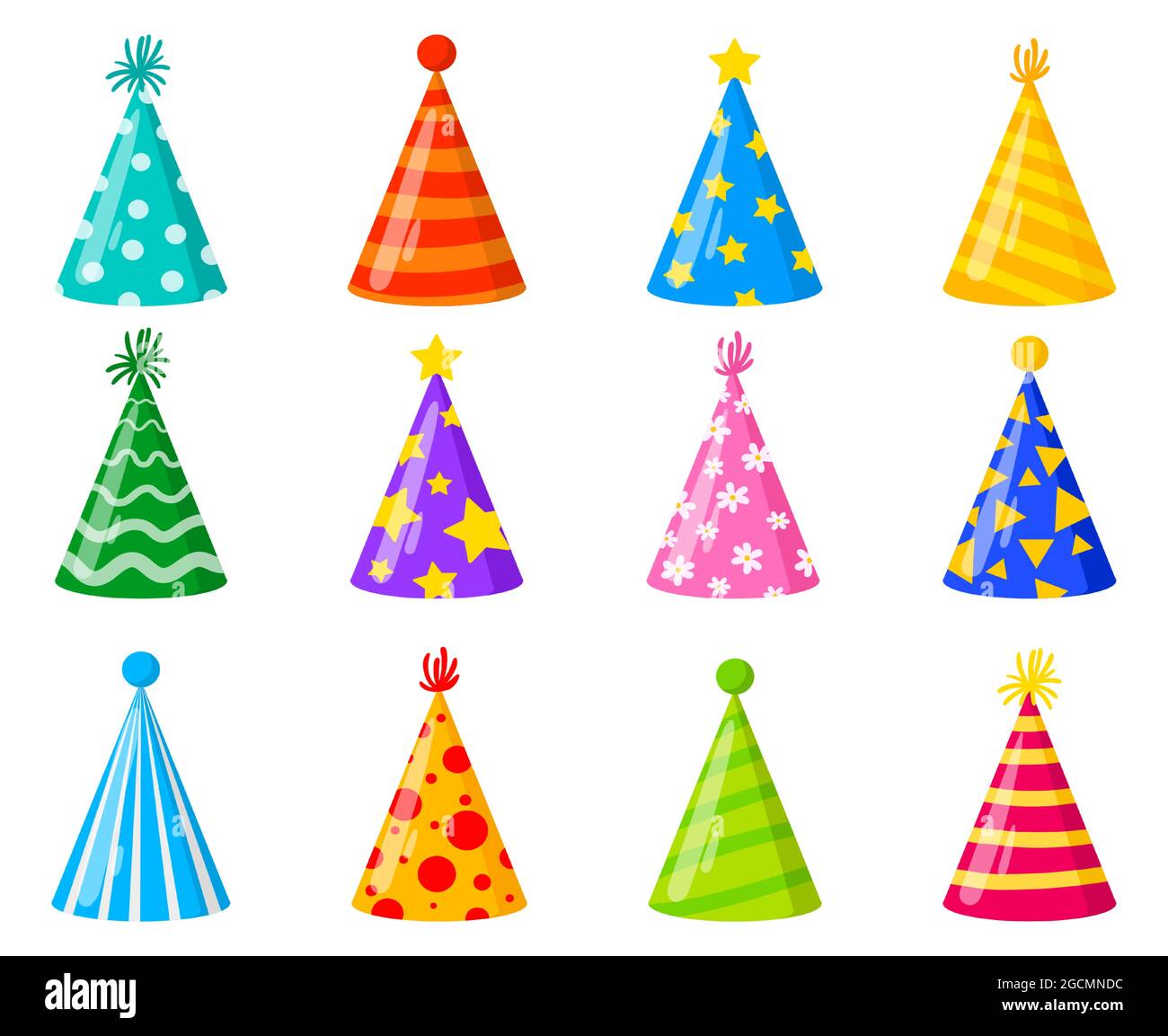Cartoon Happy Birthday party celebration cone decorated hats. Birthday ...