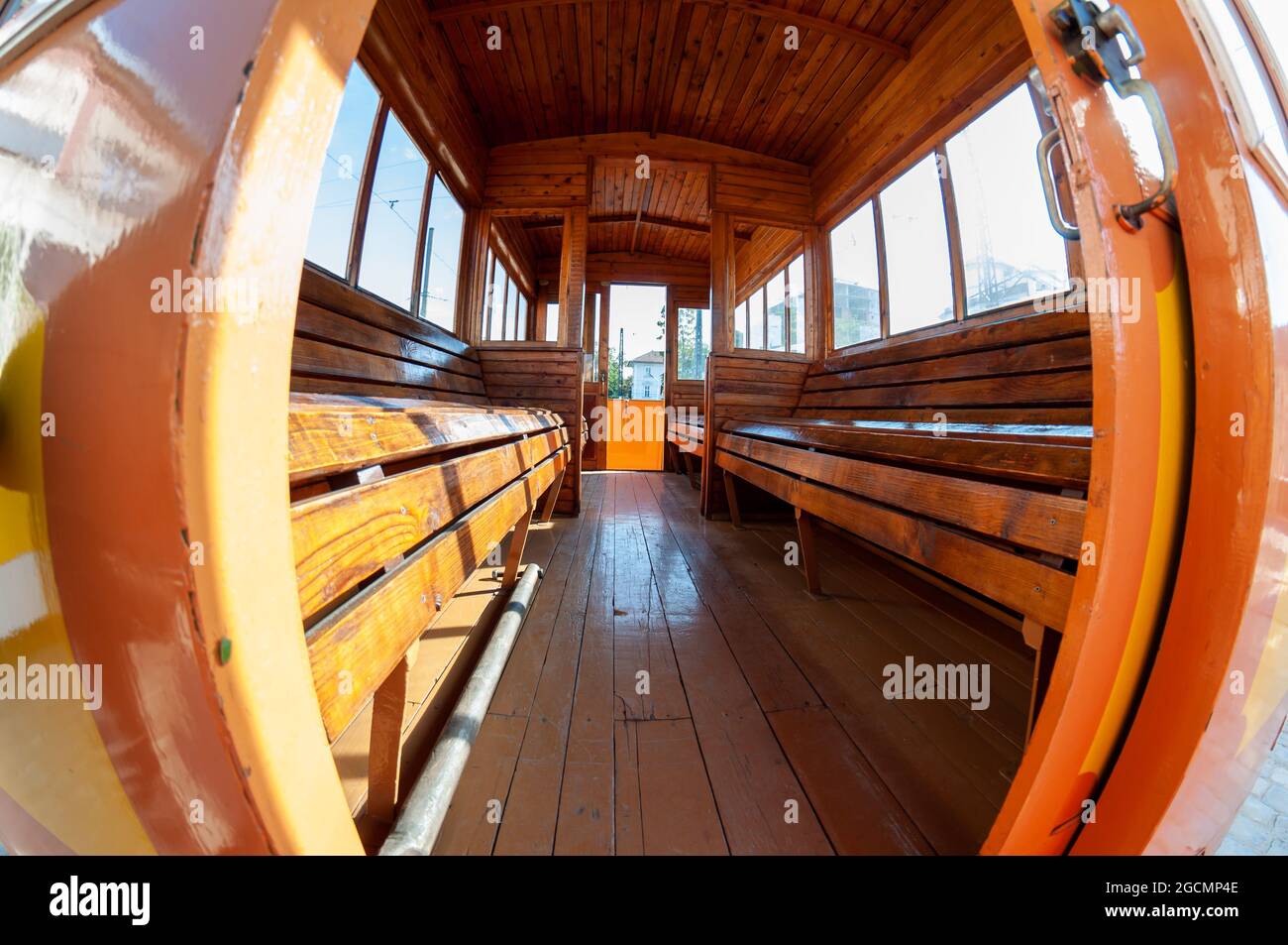 Old wooden train interior view hi-res stock photography and images - Alamy