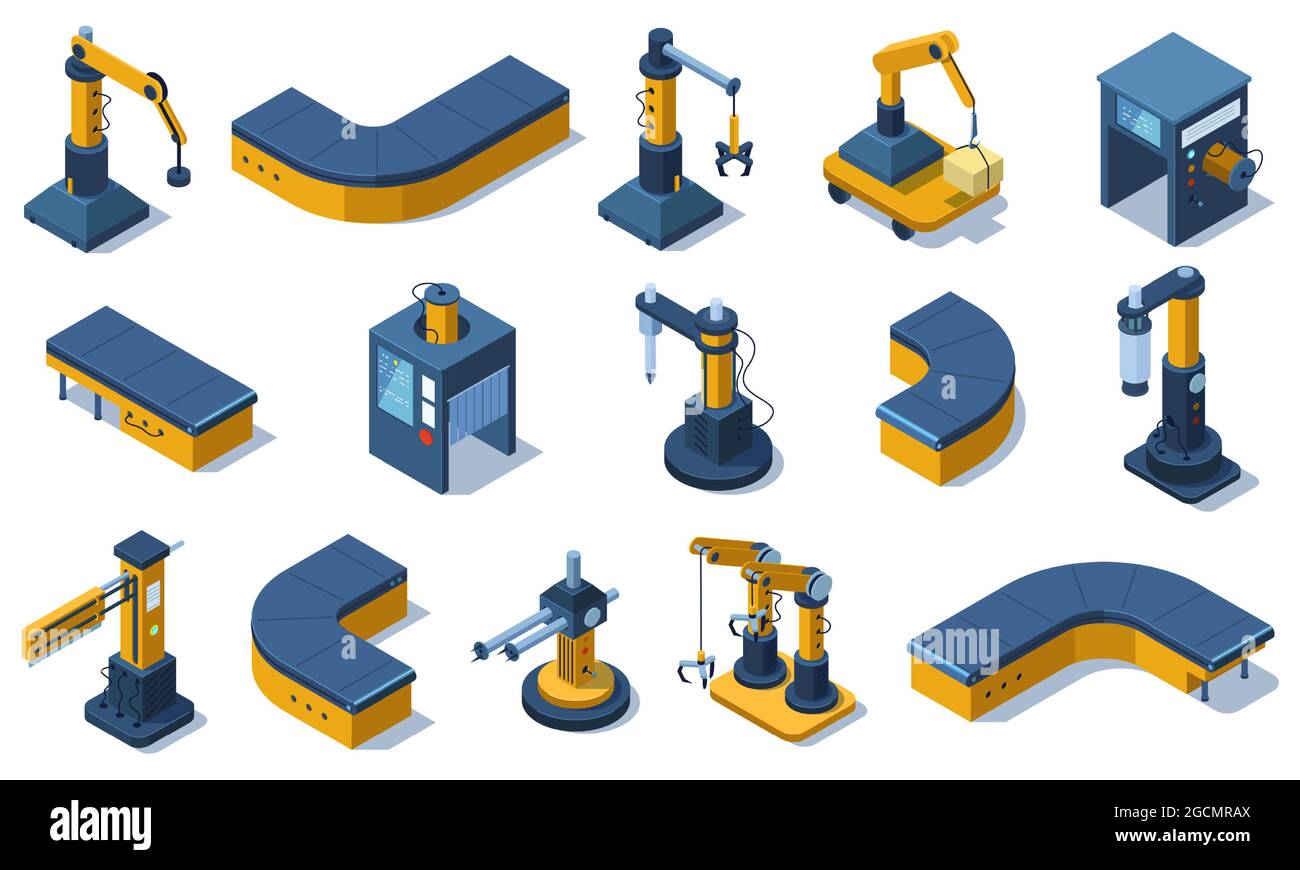 Isometric industry technologies robot arms and factory machines ...
