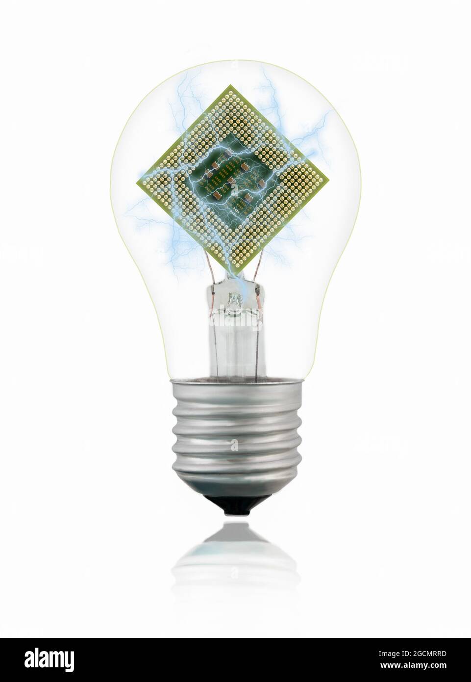 Isolated transparent tungsten light bulb with blue lightnings and ...