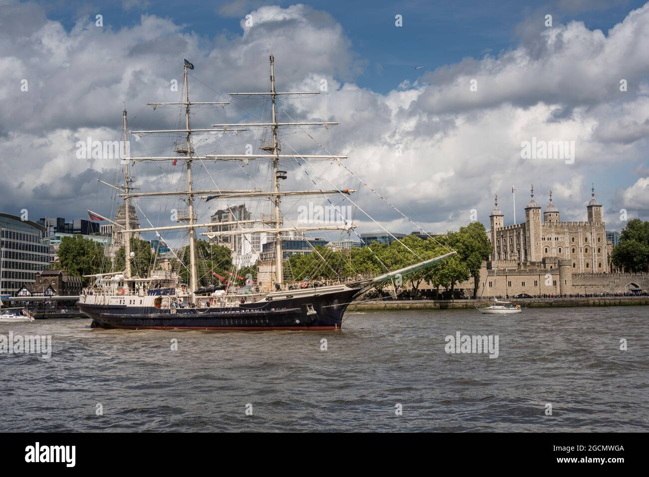 The Tenacious tall ship sailing ship passing the Tower of London Stock ...