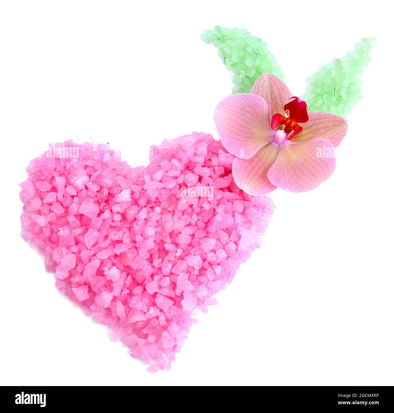 Beautiful blooming orchid flower and heap of sea salt, isolated on ...