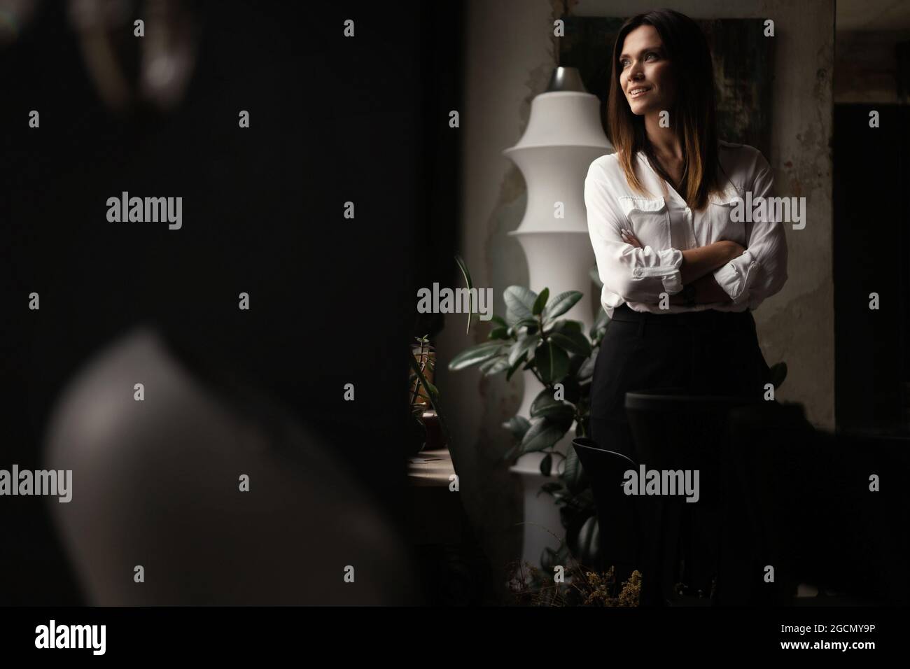 Confident stylish european middle aged woman standing at workplace, 30s ...