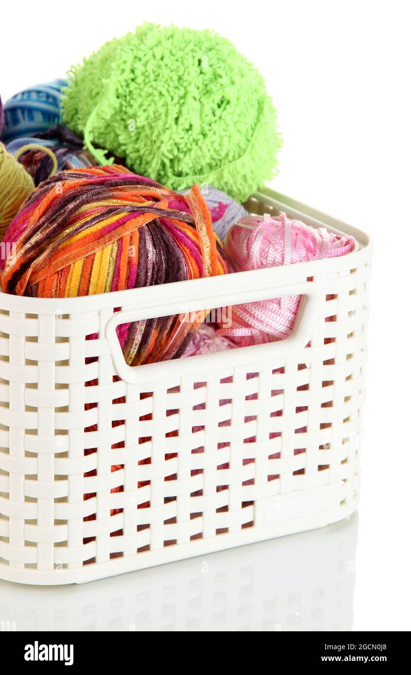 Plastic basket with yarn for knitting isolated on white Stock Photo - Alamy