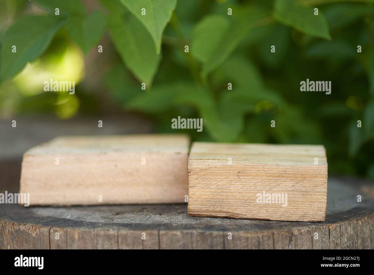 Wooden podium on a green background. Flat square stands or podium for a ...