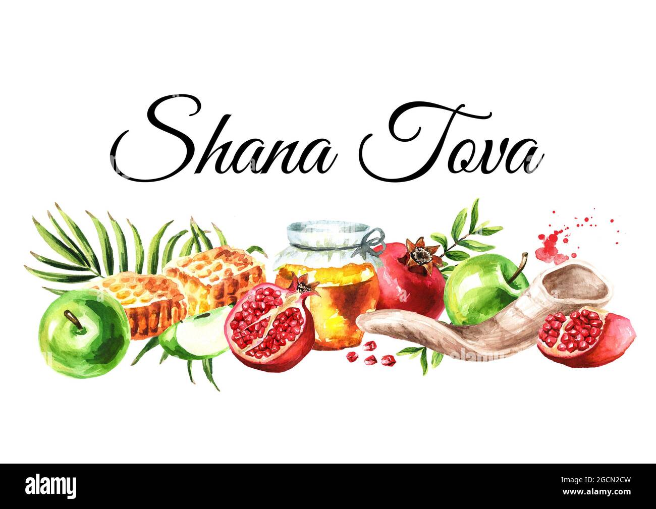 Pomegranate, apple and honeycomb border, Jewish new year, Rosh Hashanah ...