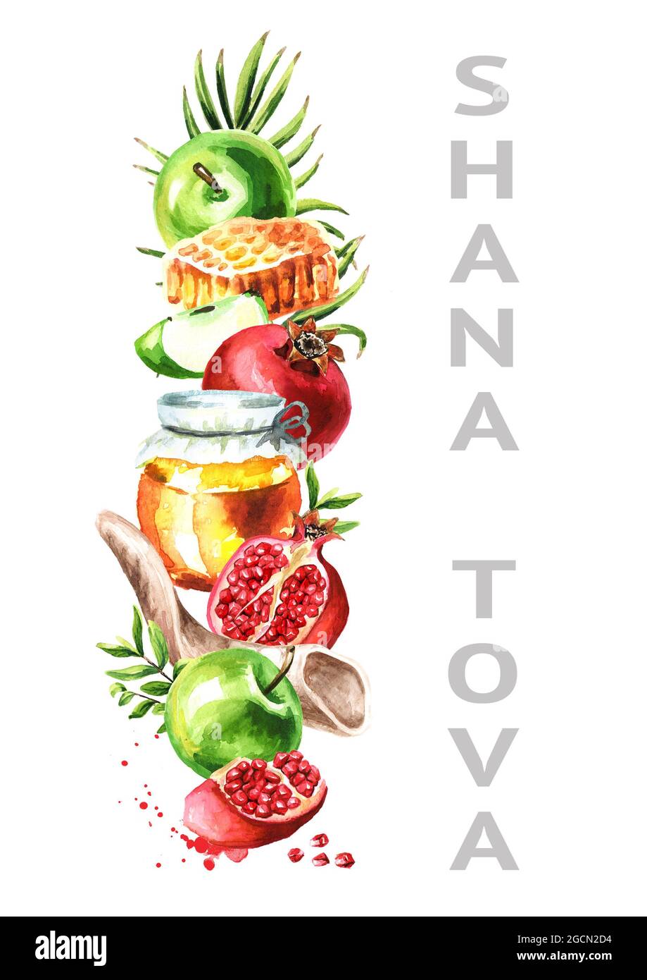 Pomegranate, apple and honeycomb border. Jewish new year, Rosh Hashanah ...
